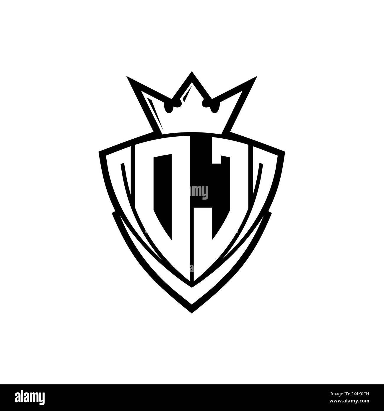 DJ Bold letter logo with sharp triangle shield shape with crown inside ...