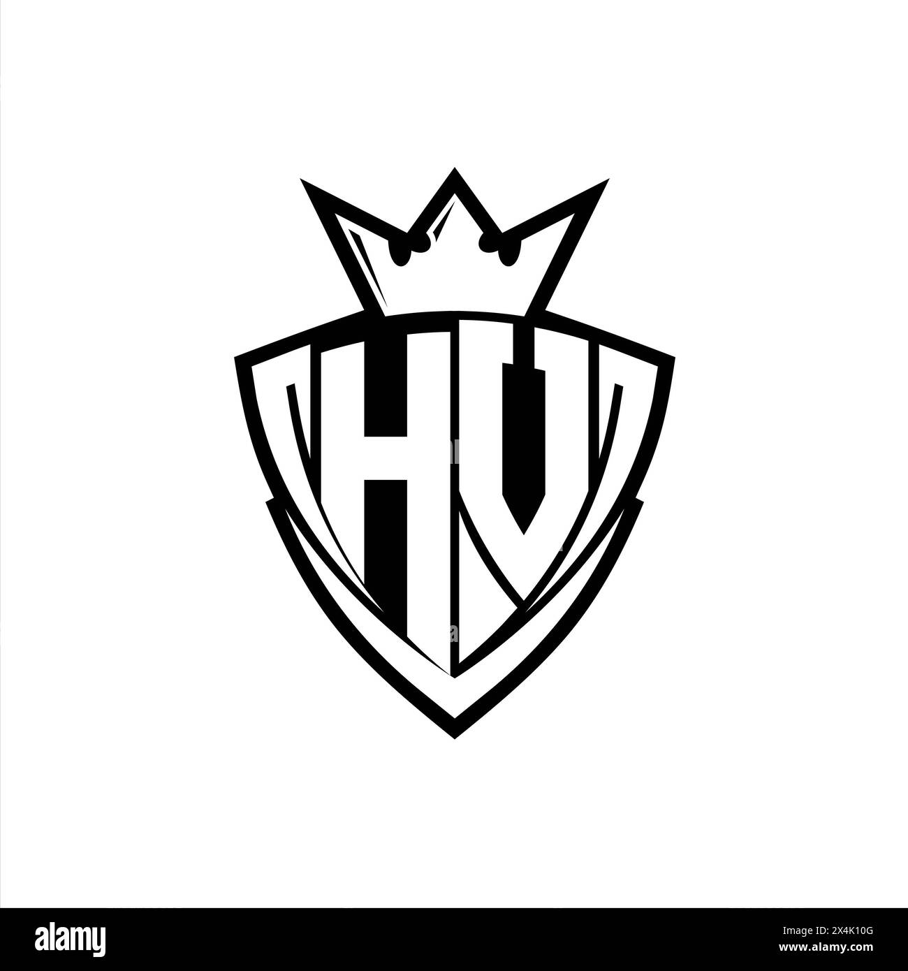 HV Bold letter logo with sharp triangle shield shape with crown inside white outline on white ...