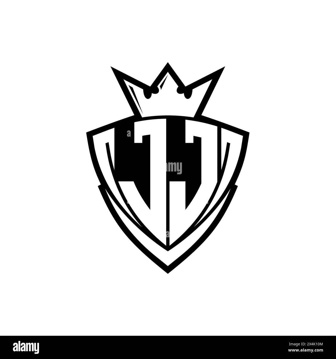 JJ Bold letter logo with sharp triangle shield shape with crown inside ...