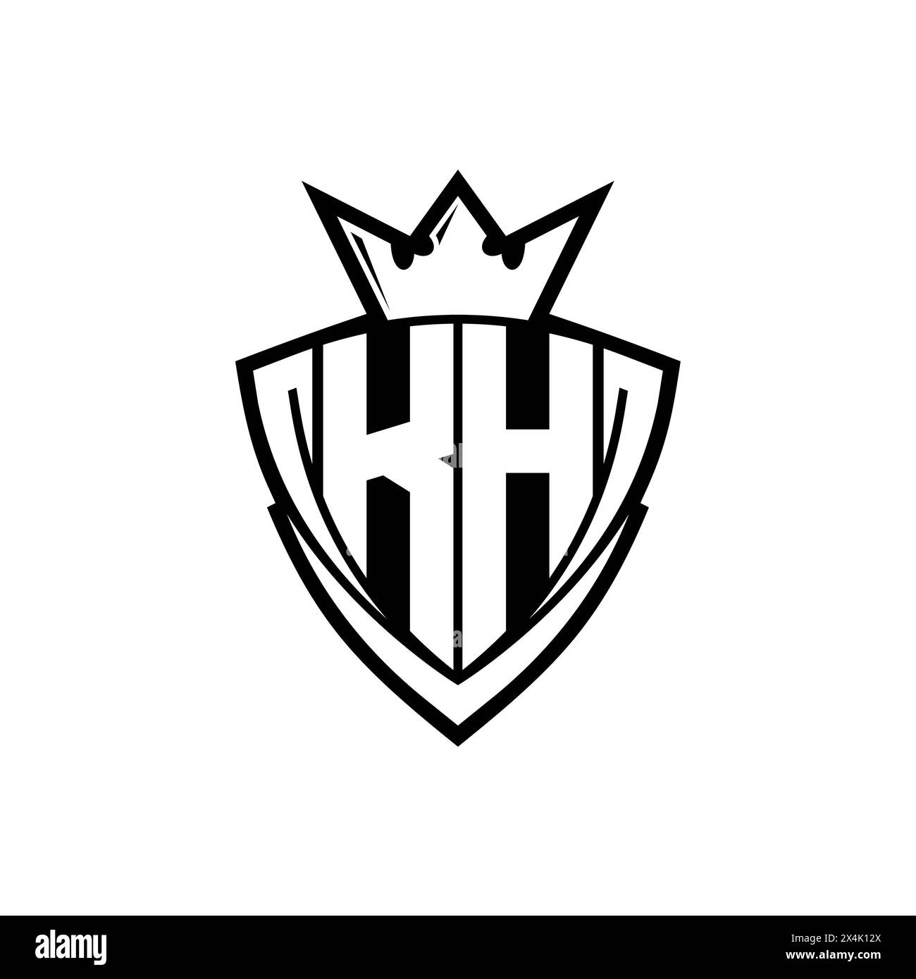 KH Bold letter logo with sharp triangle shield shape with crown inside white outline on white ...