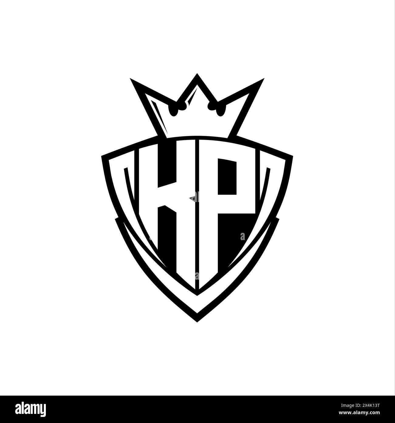 KP Bold letter logo with sharp triangle shield shape with crown inside white outline on white ...