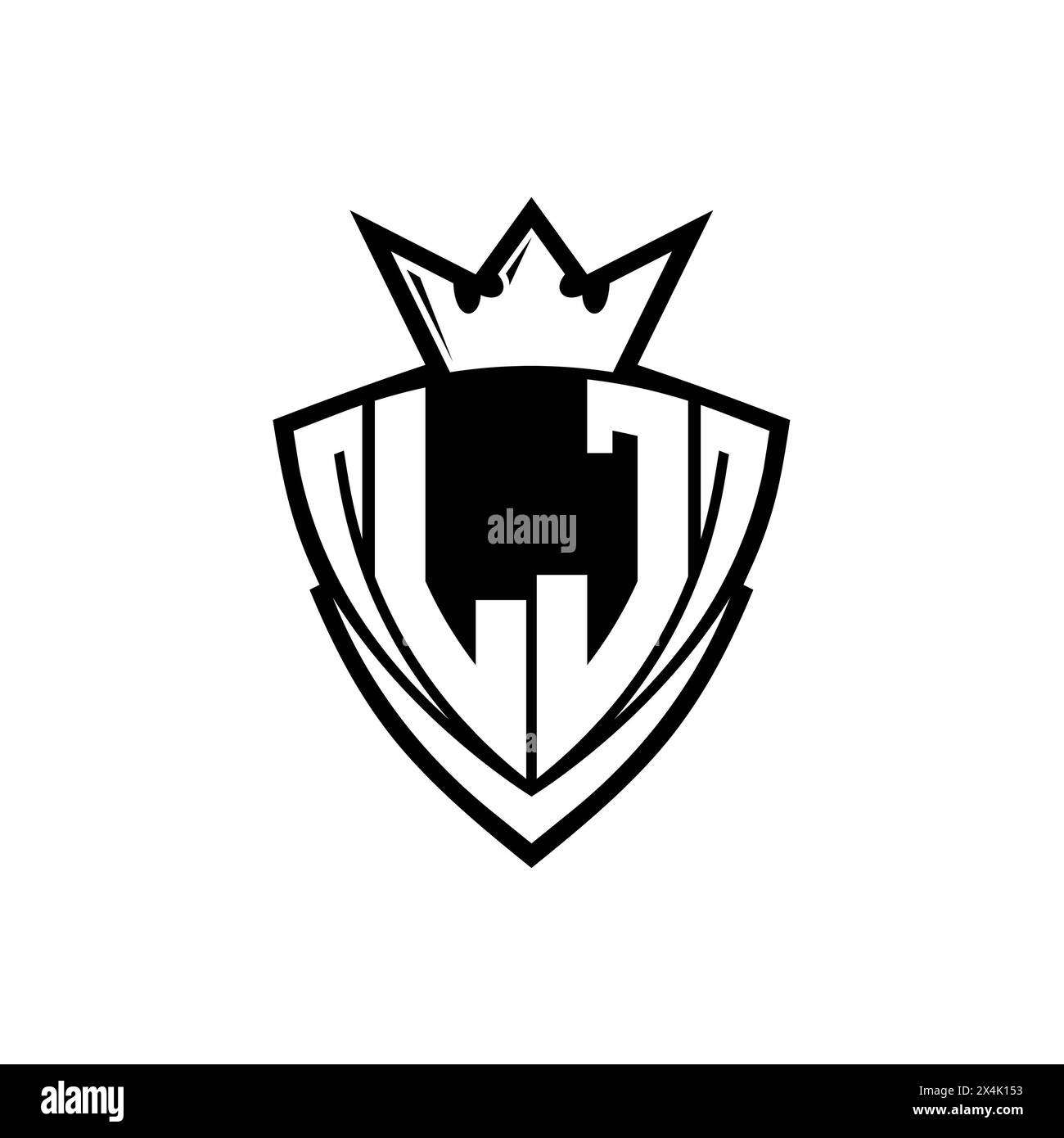 LJ Bold letter logo with sharp triangle shield shape with crown inside ...