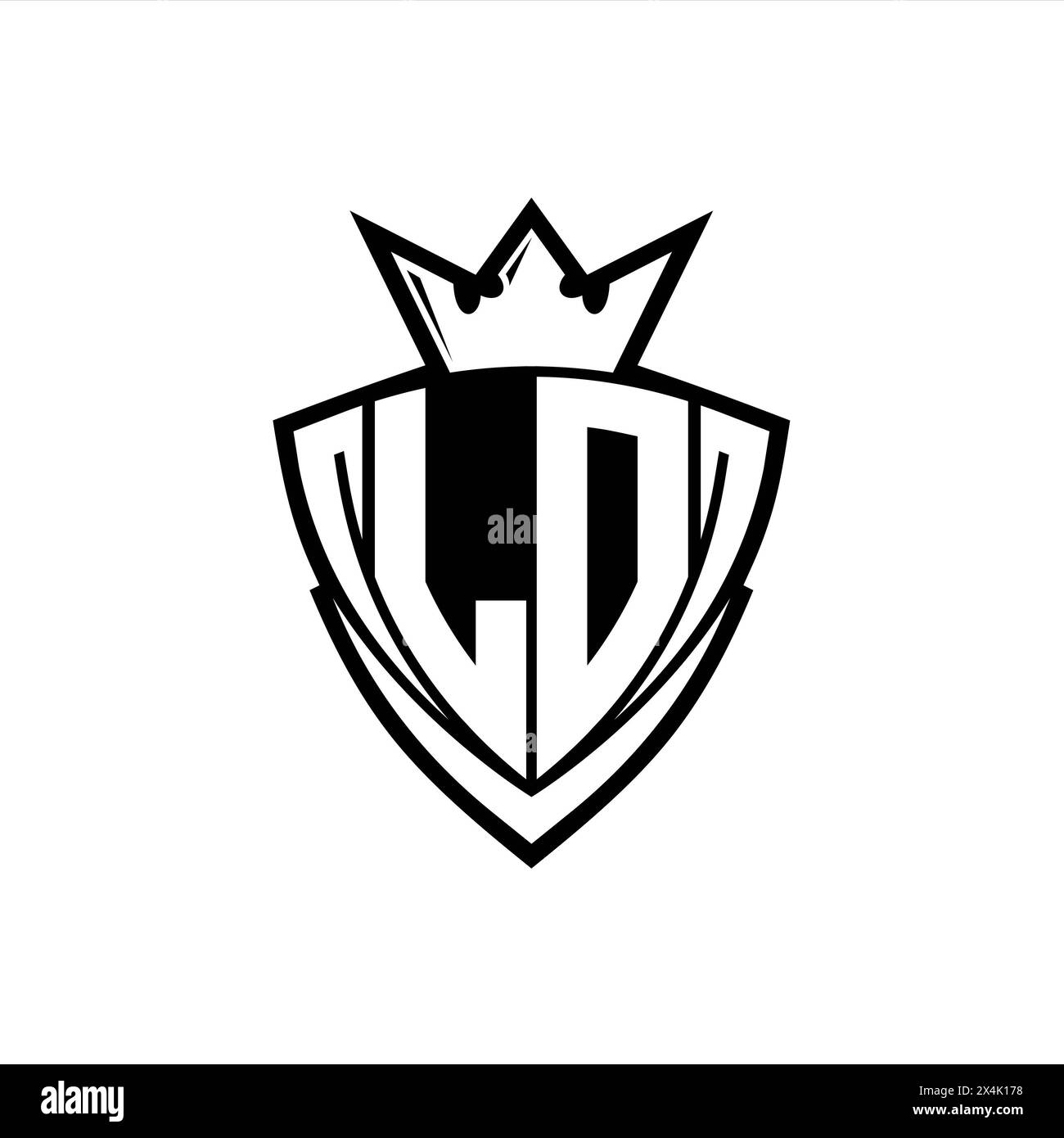 LD Bold letter logo with sharp triangle shield shape with crown inside white outline on white ...