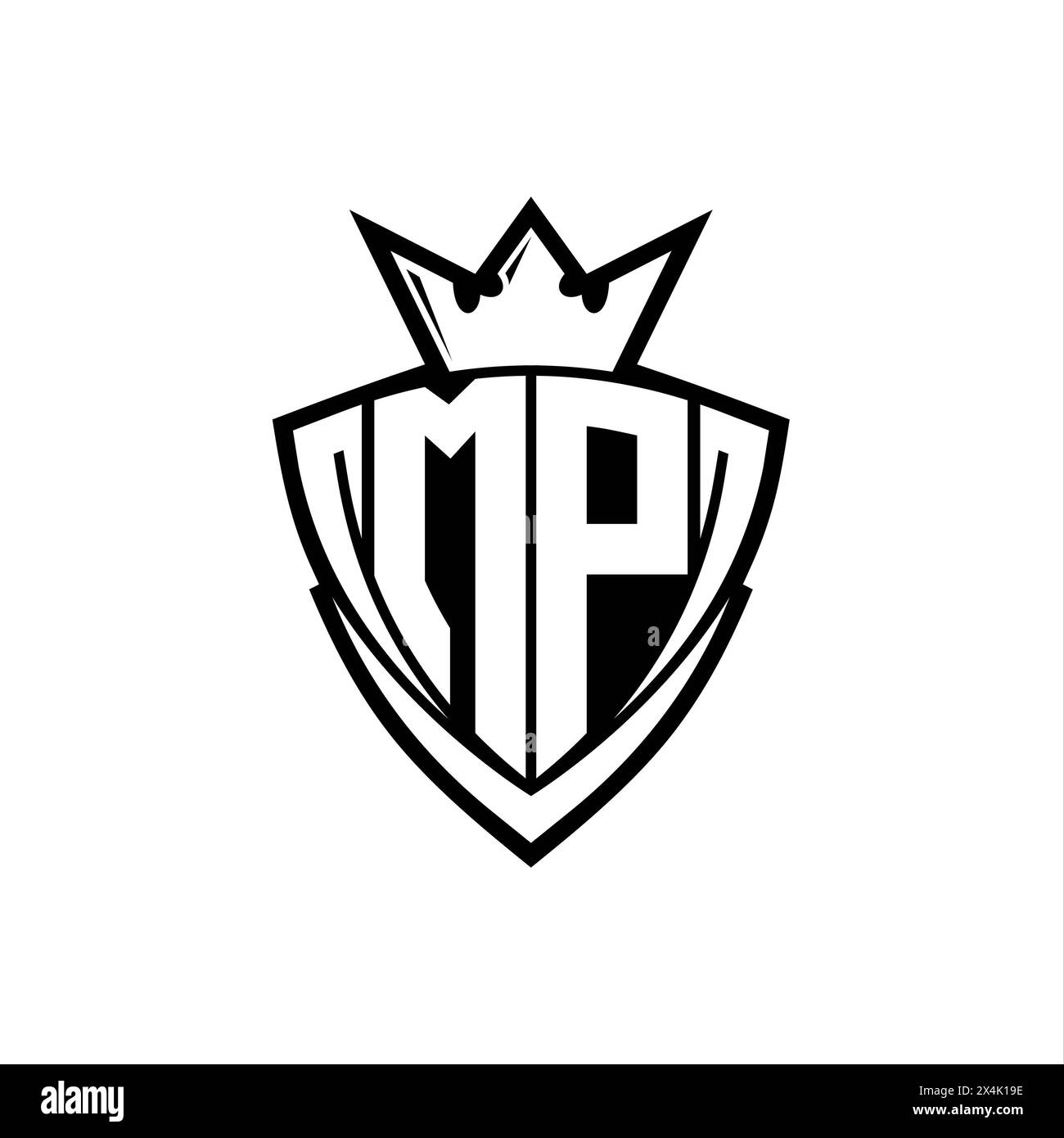 MP Bold letter logo with sharp triangle shield shape with crown inside ...