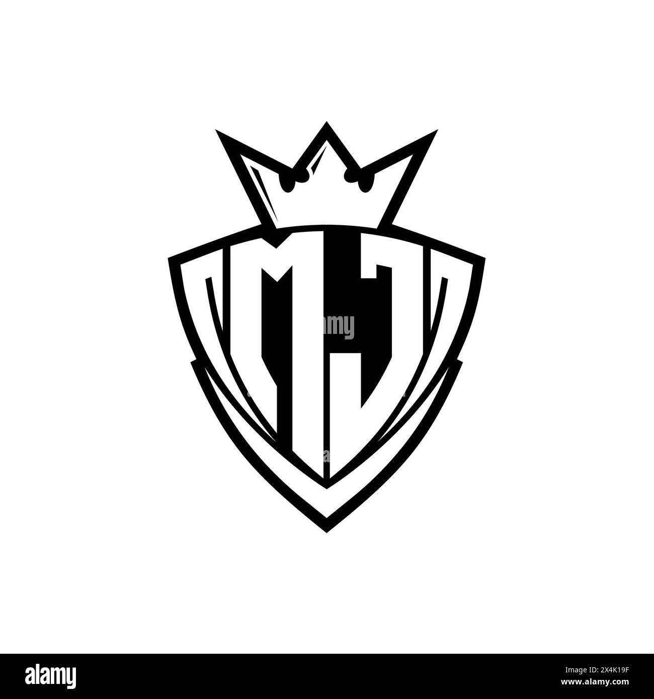 MJ Bold letter logo with sharp triangle shield shape with crown inside ...