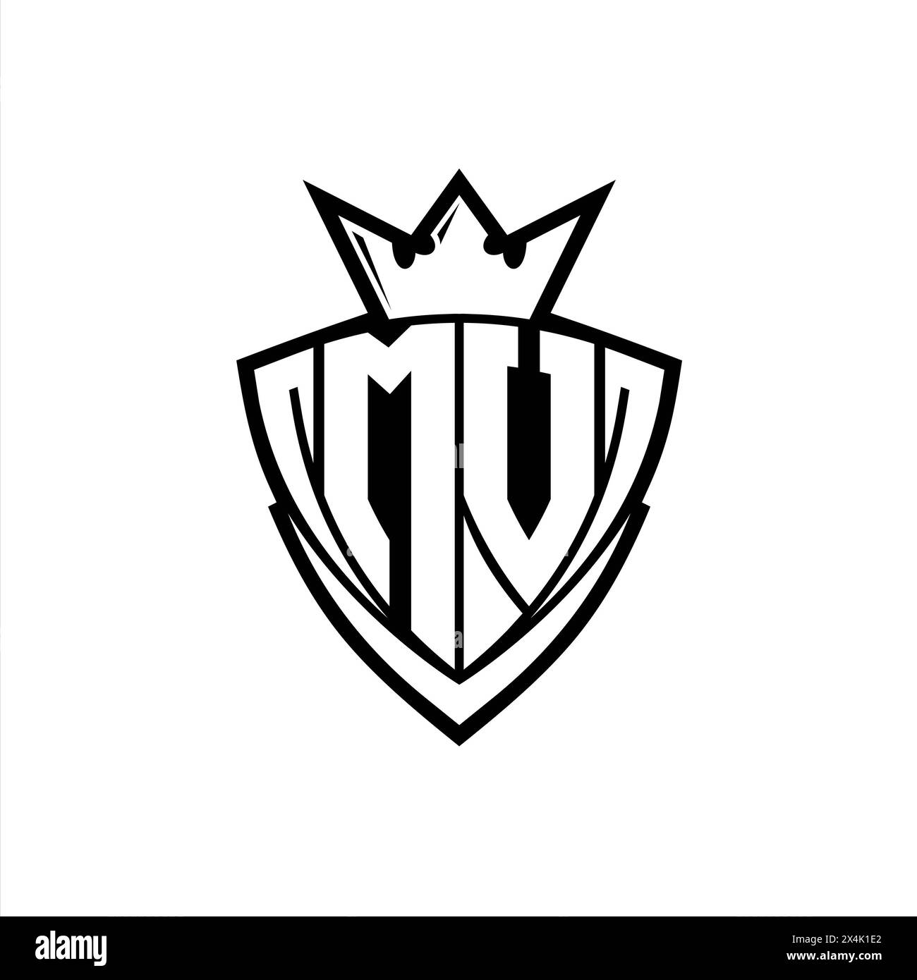 MV Bold letter logo with sharp triangle shield shape with crown inside white outline on white ...