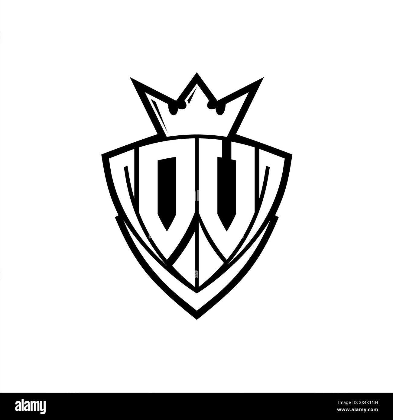 OV Bold letter logo with sharp triangle shield shape with crown inside white outline on white ...