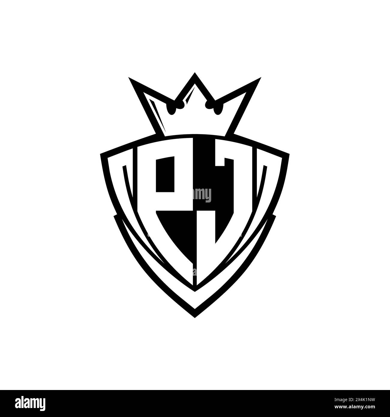 PJ Bold letter logo with sharp triangle shield shape with crown inside ...