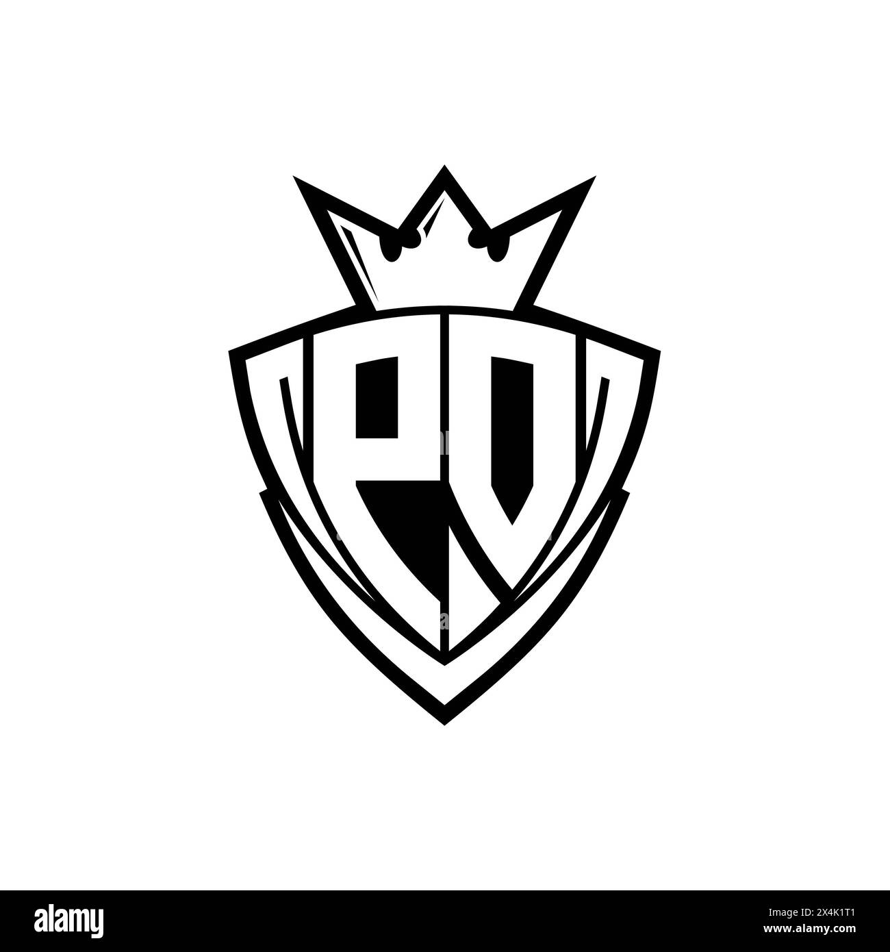 PO Bold letter logo with sharp triangle shield shape with crown inside ...
