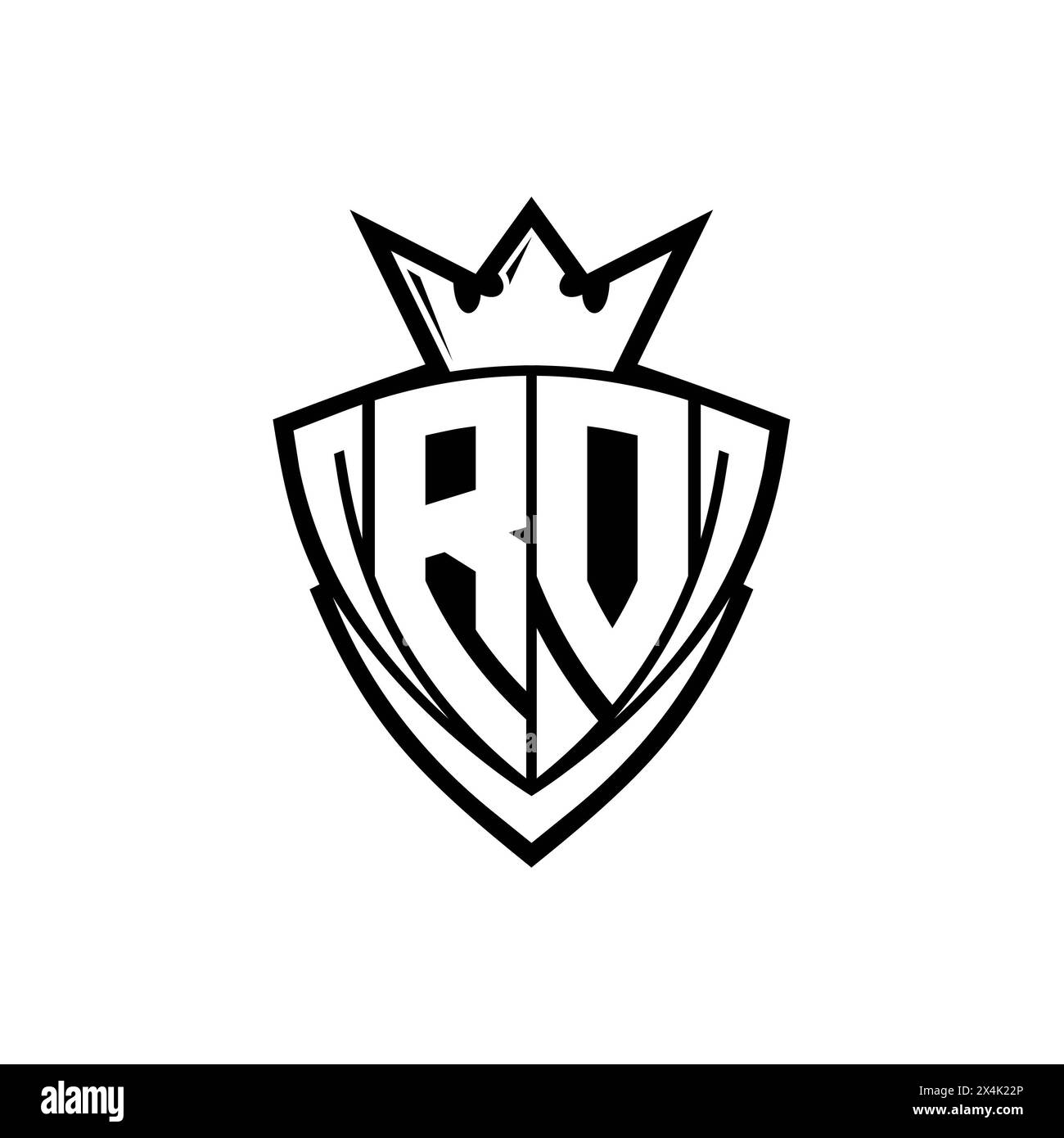 Ro Bold Letter Logo With Sharp Triangle Shield Shape With Crown Inside White Outline On White