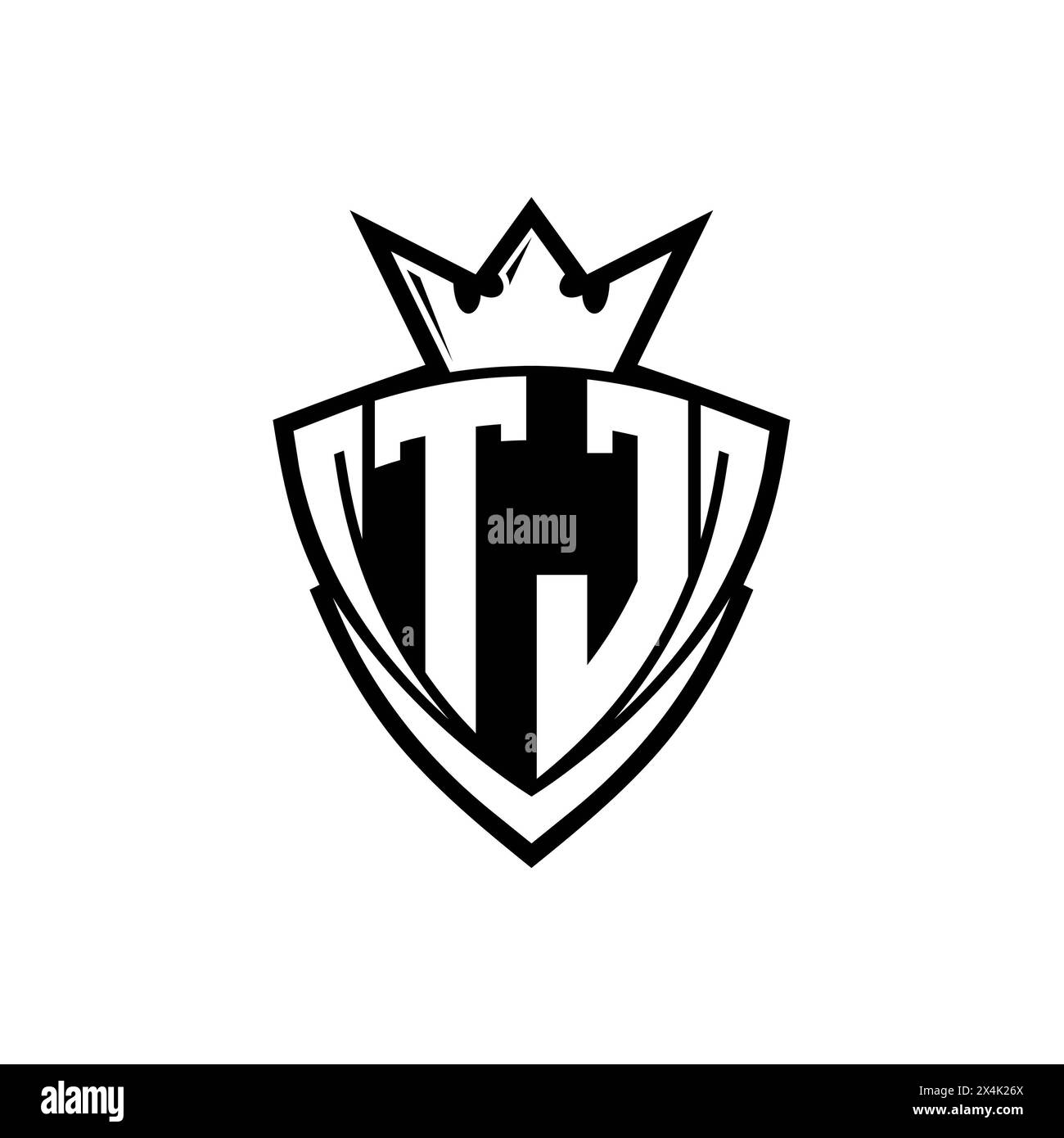 TJ Bold letter logo with sharp triangle shield shape with crown inside white outline on white ...