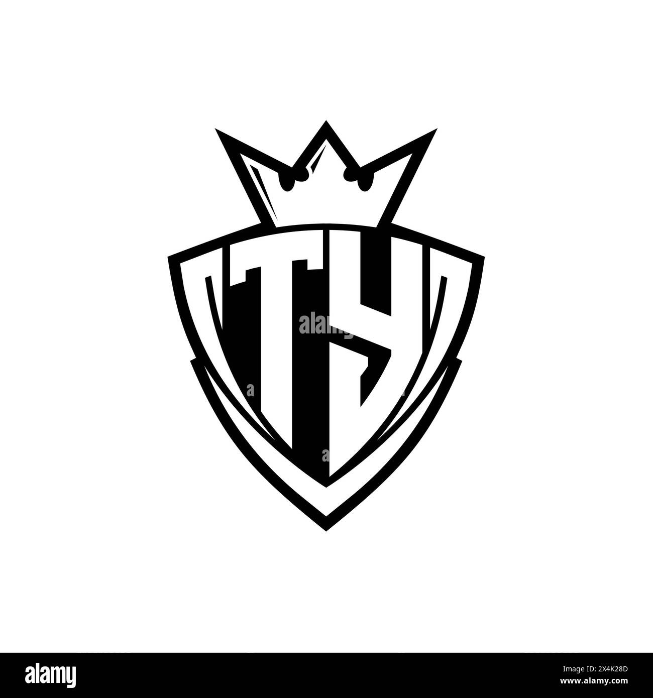 TY Bold letter logo with sharp triangle shield shape with crown inside white outline on white ...