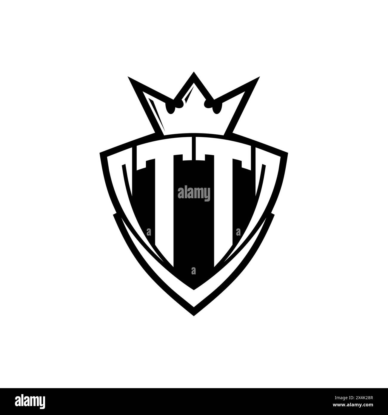 TT Bold letter logo with sharp triangle shield shape with crown inside white outline on white ...