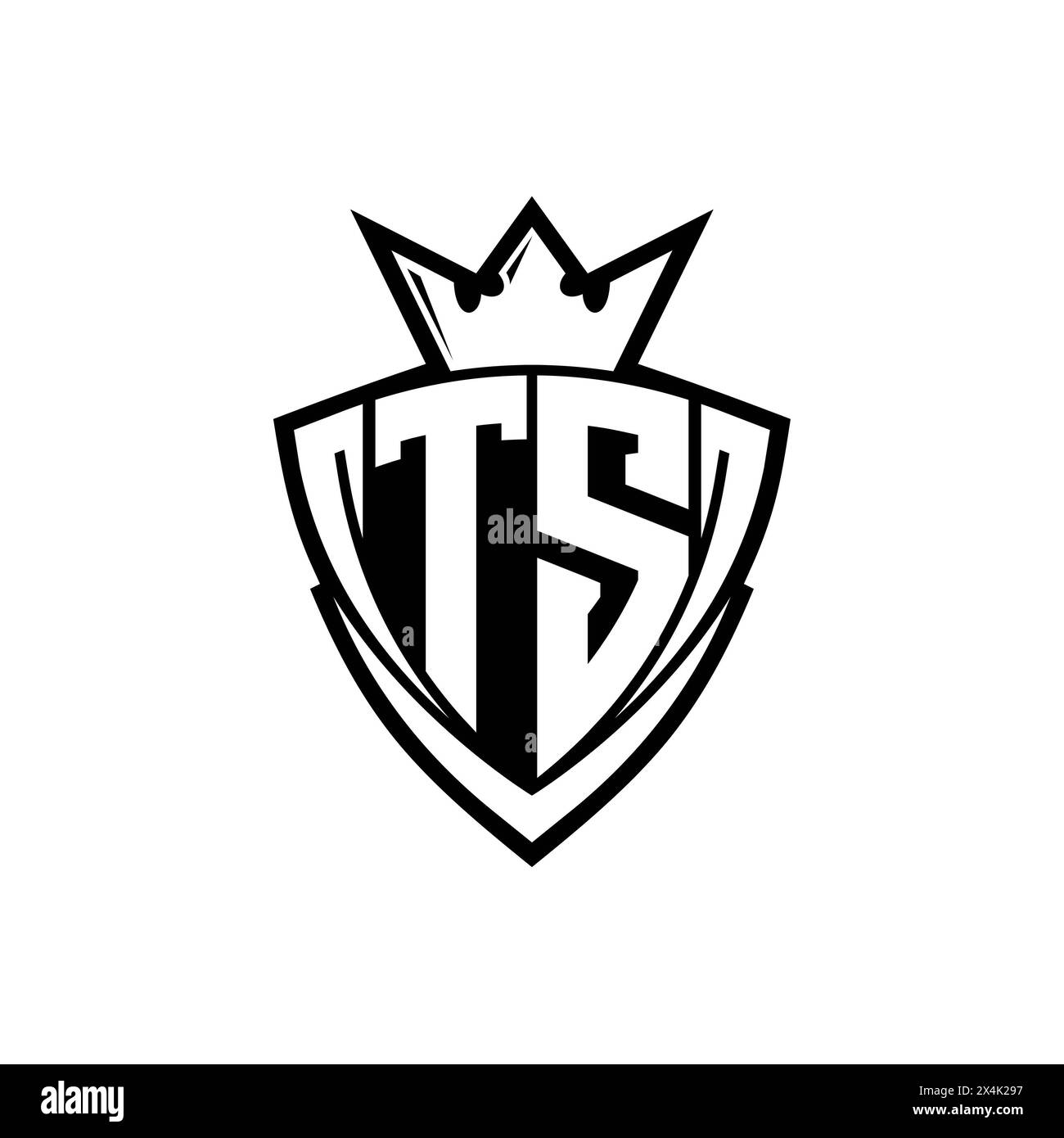 TS Bold letter logo with sharp triangle shield shape with crown inside white outline on white ...