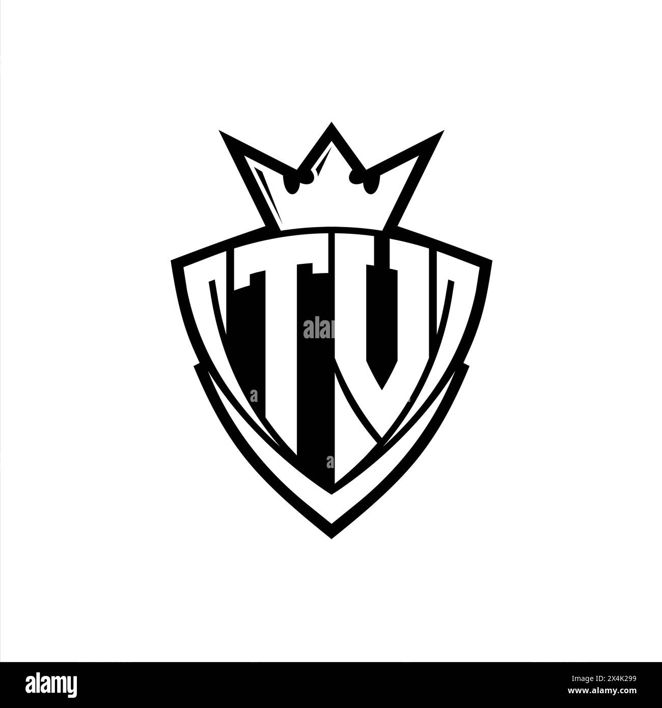 TV Bold letter logo with sharp triangle shield shape with crown inside white outline on white ...