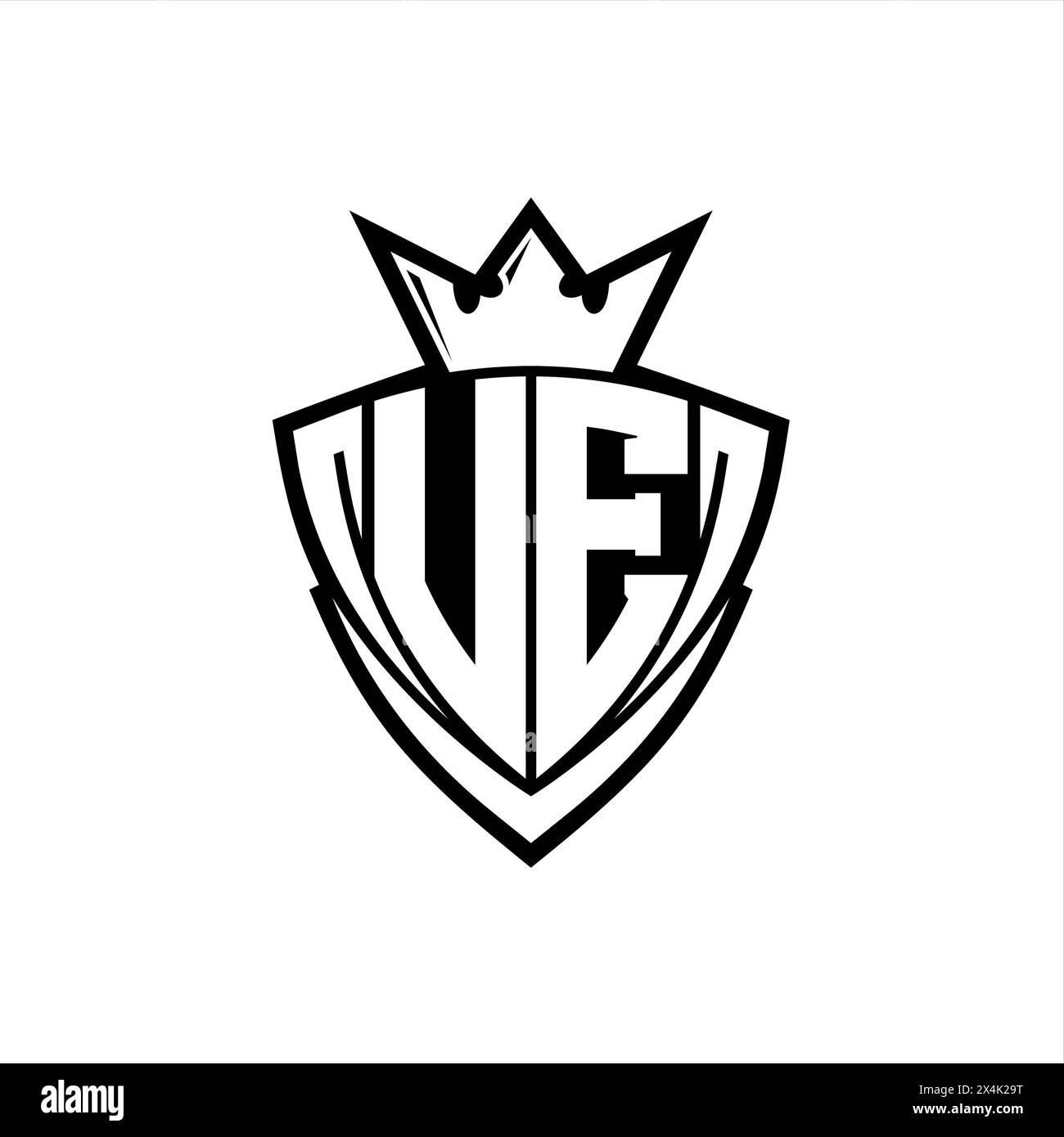 UE Bold letter logo with sharp triangle shield shape with crown inside ...