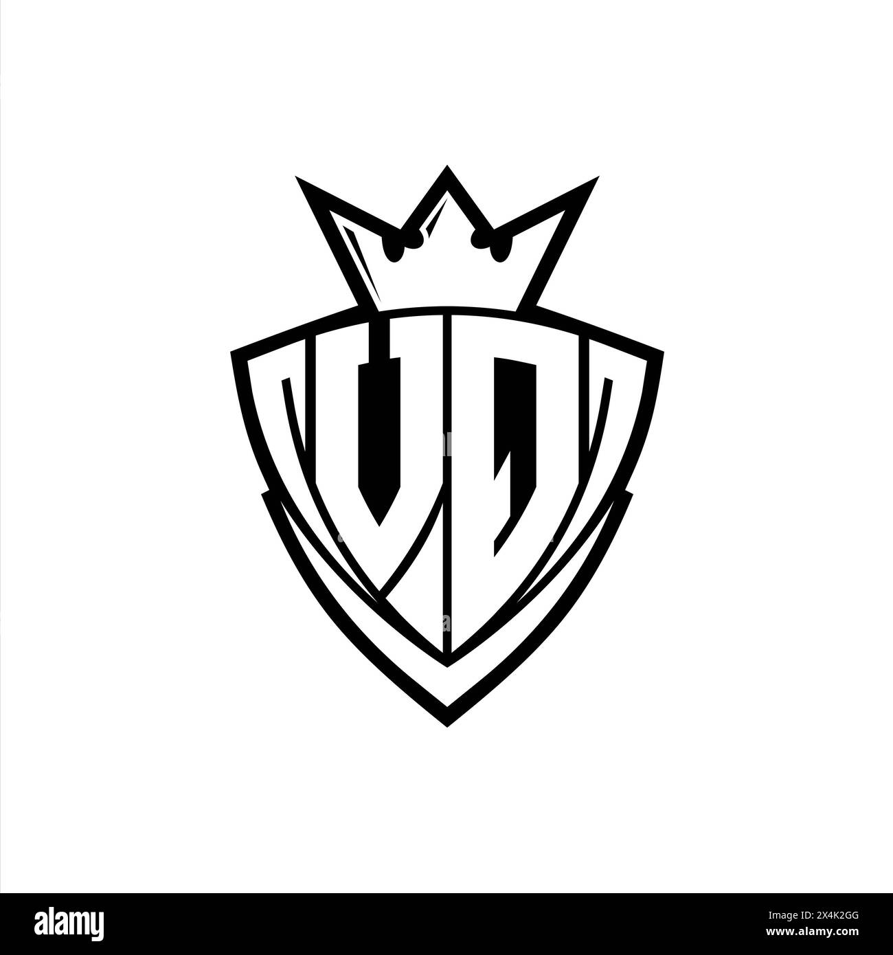 VQ Bold letter logo with sharp triangle shield shape with crown inside white outline on white ...