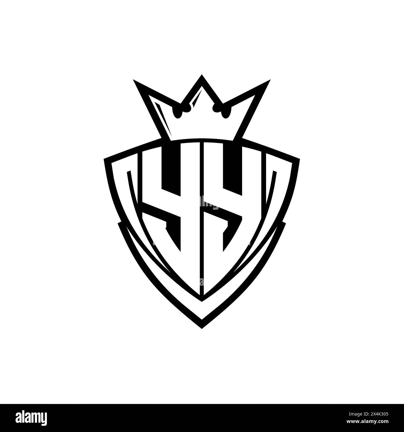 YY Bold letter logo with sharp triangle shield shape with crown inside white outline on white ...