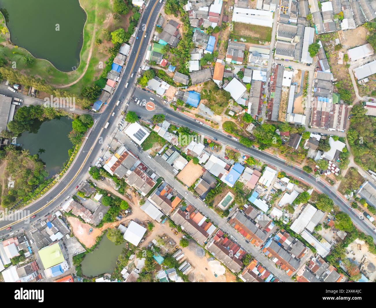 Aerial view of residential houses and driveways neighborhood during a ...