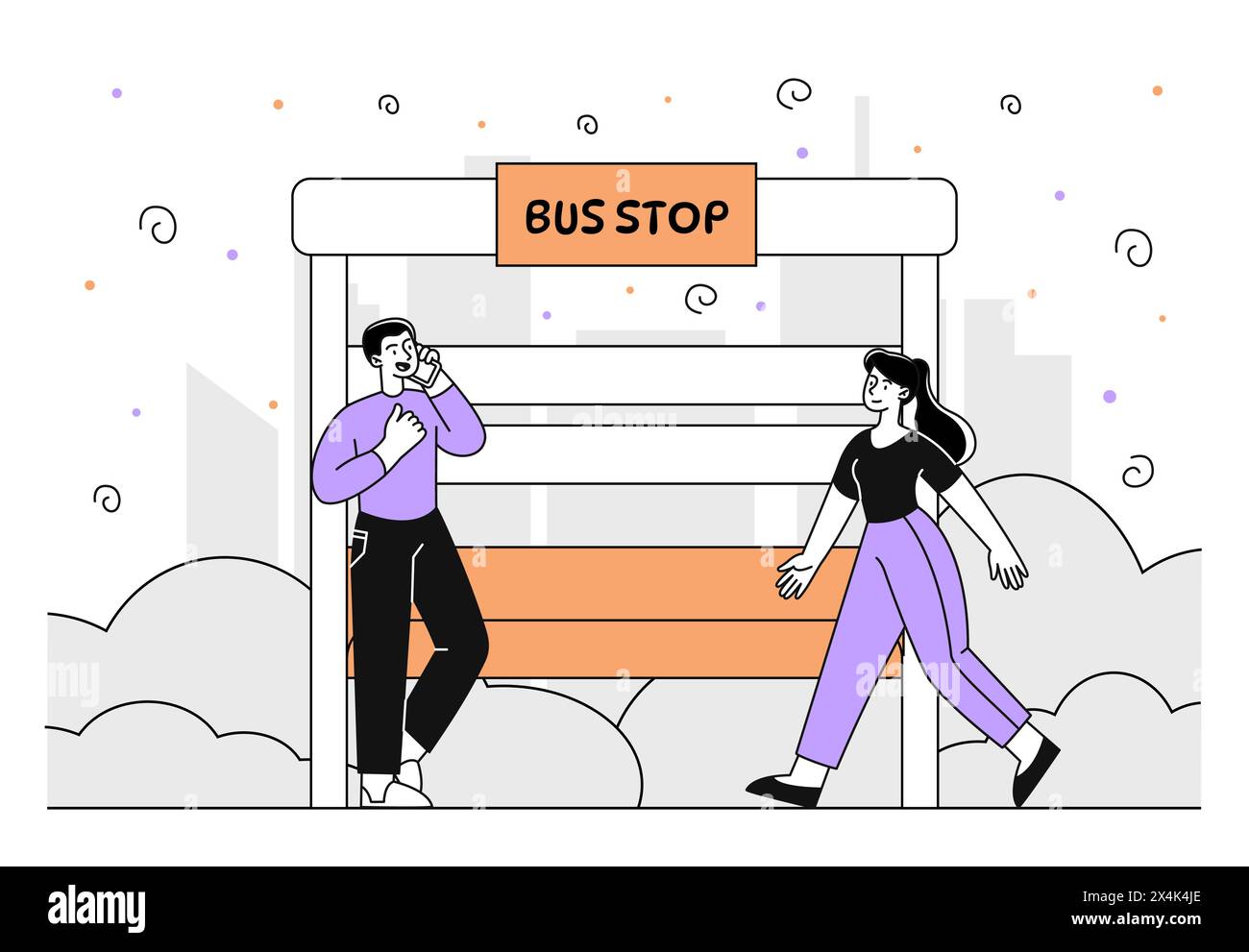 People at bus stop linear. Man and woman standing near wooden bench and ...