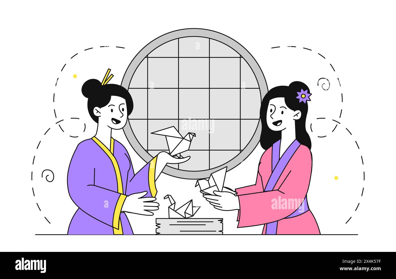 Japanese women with origami vector linear Stock Vector Image & Art - Alamy