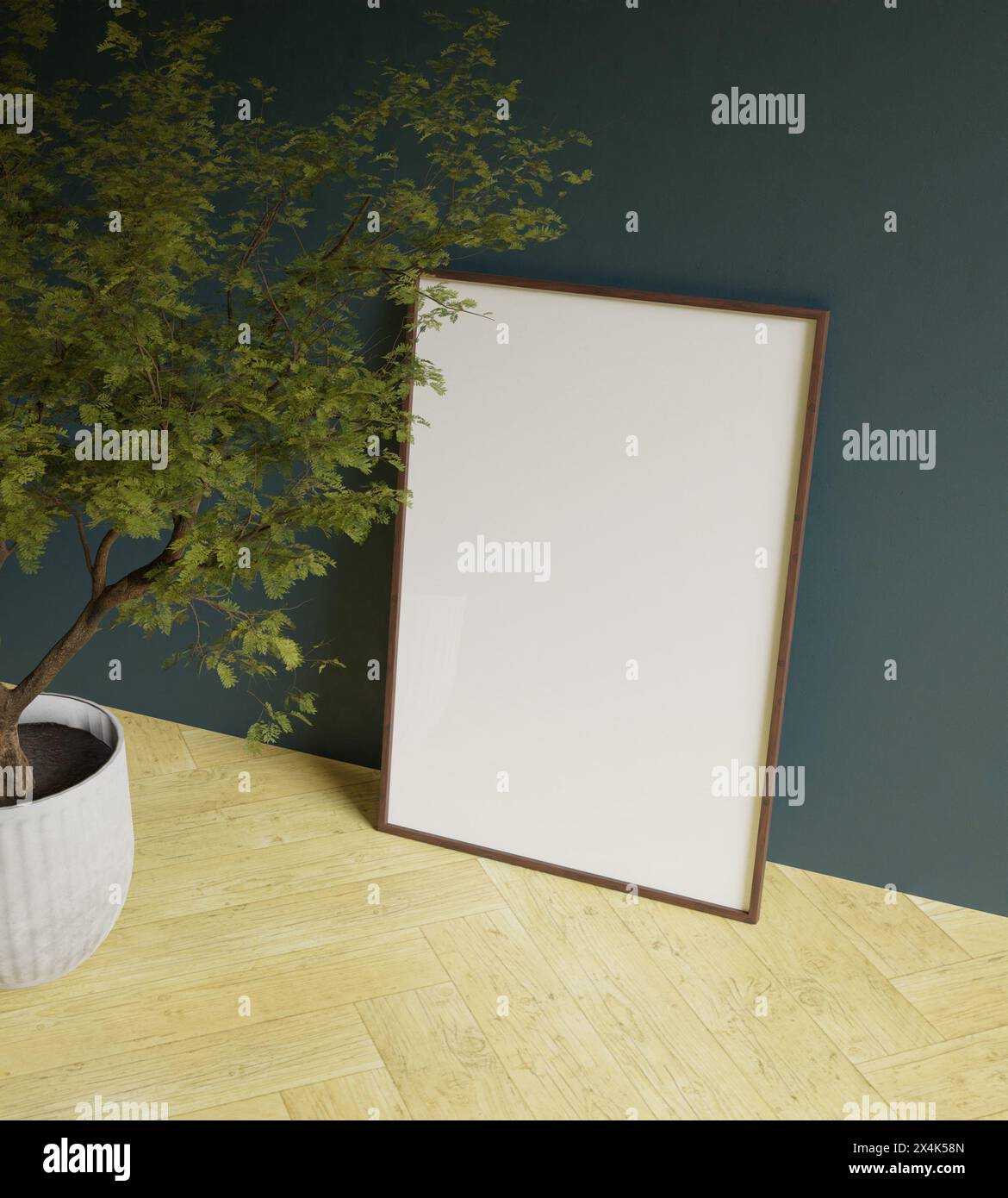 cinematic frame mockup poster leaning on the blue concrete wall with ...