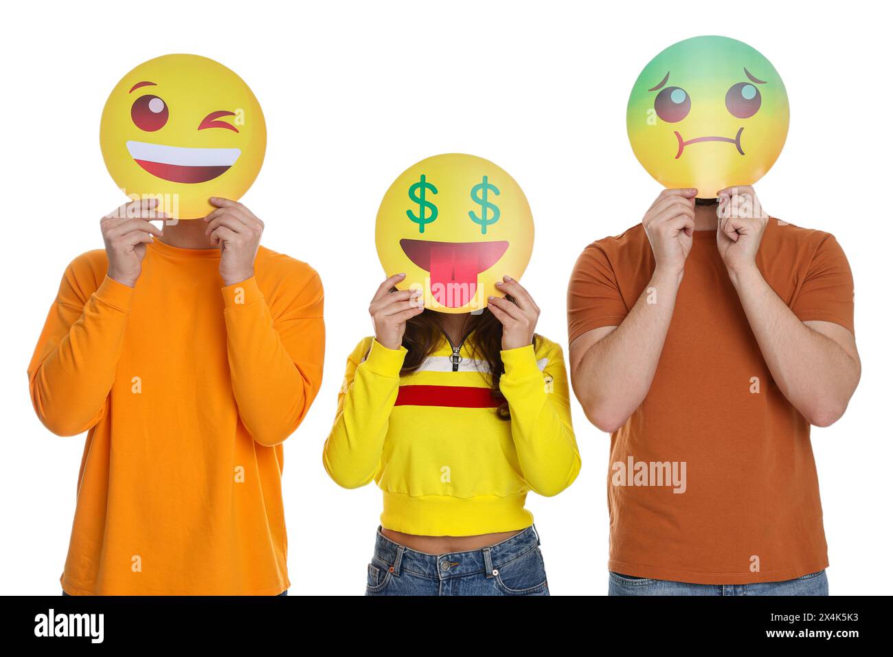People covering faces with emoticons on white background Stock Photo ...