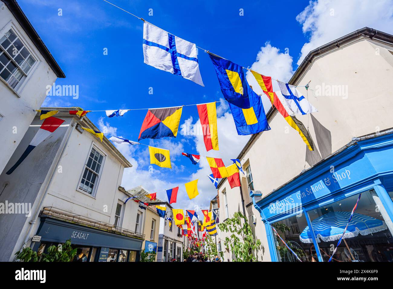 Colourful bunting in the streets for the 'Obby 'Oss festival, a ...