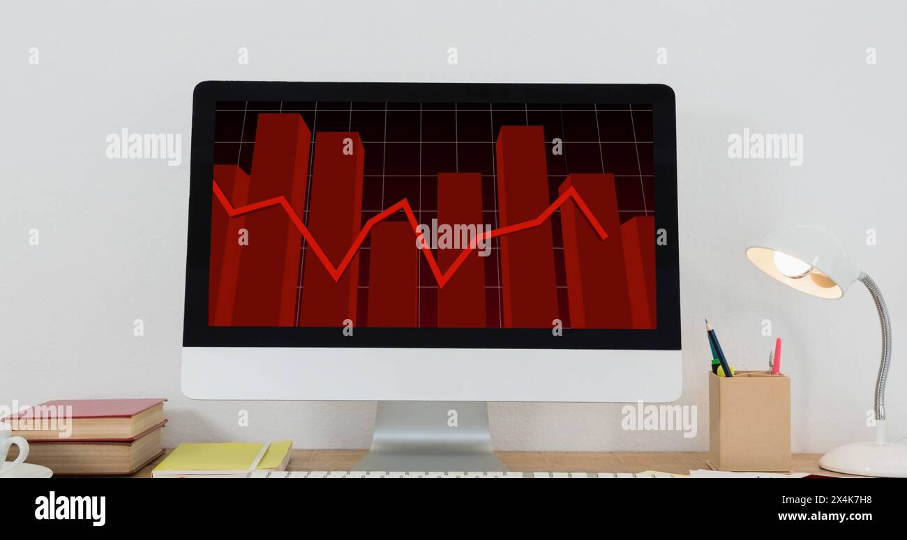 Image of financial data processing with red line over computer screen ...