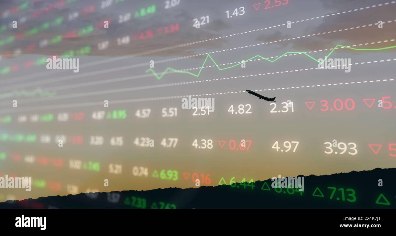 Image of statistics and data processing over airplane taking off Stock ...