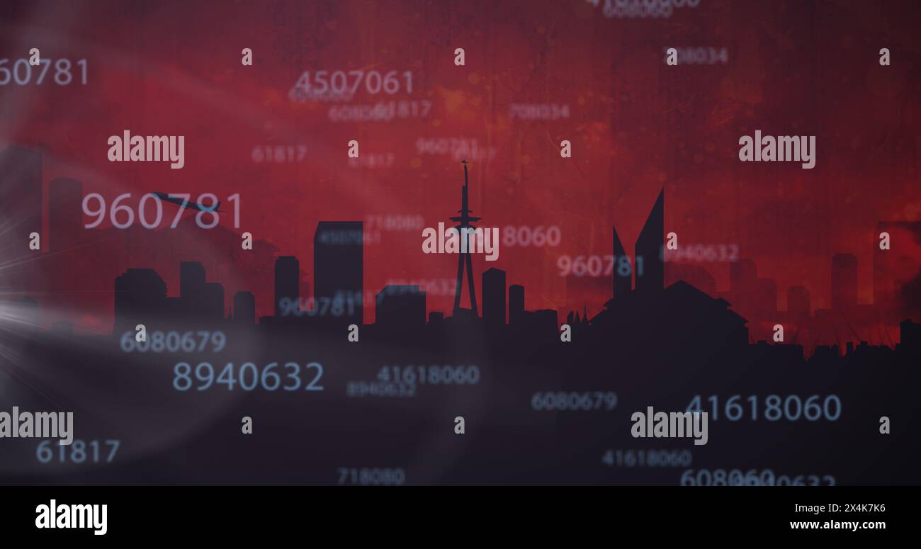 Image of numbers processing over airplane taking off and cityscape on ...