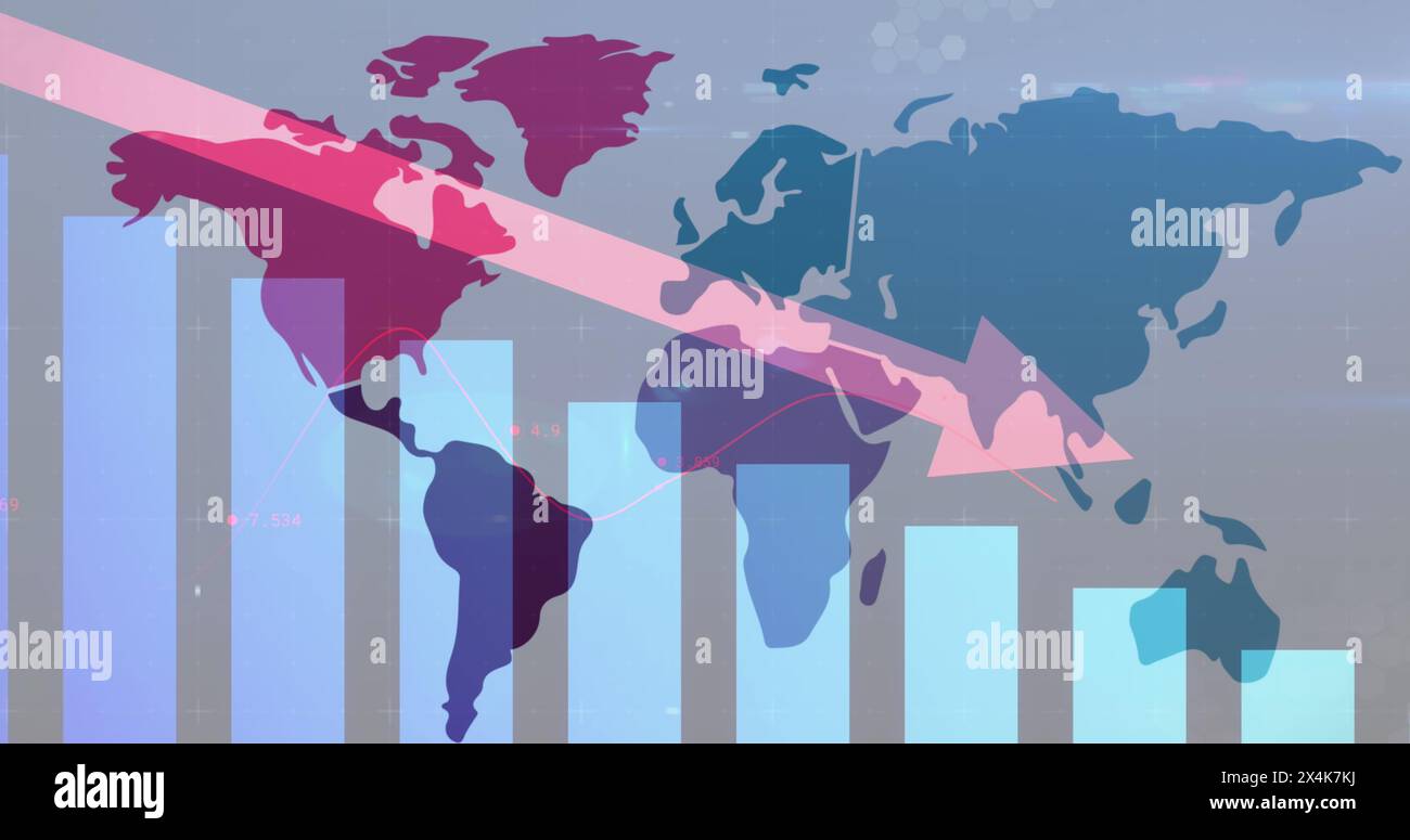 Image of arrow descending with statistics and data processing over ...