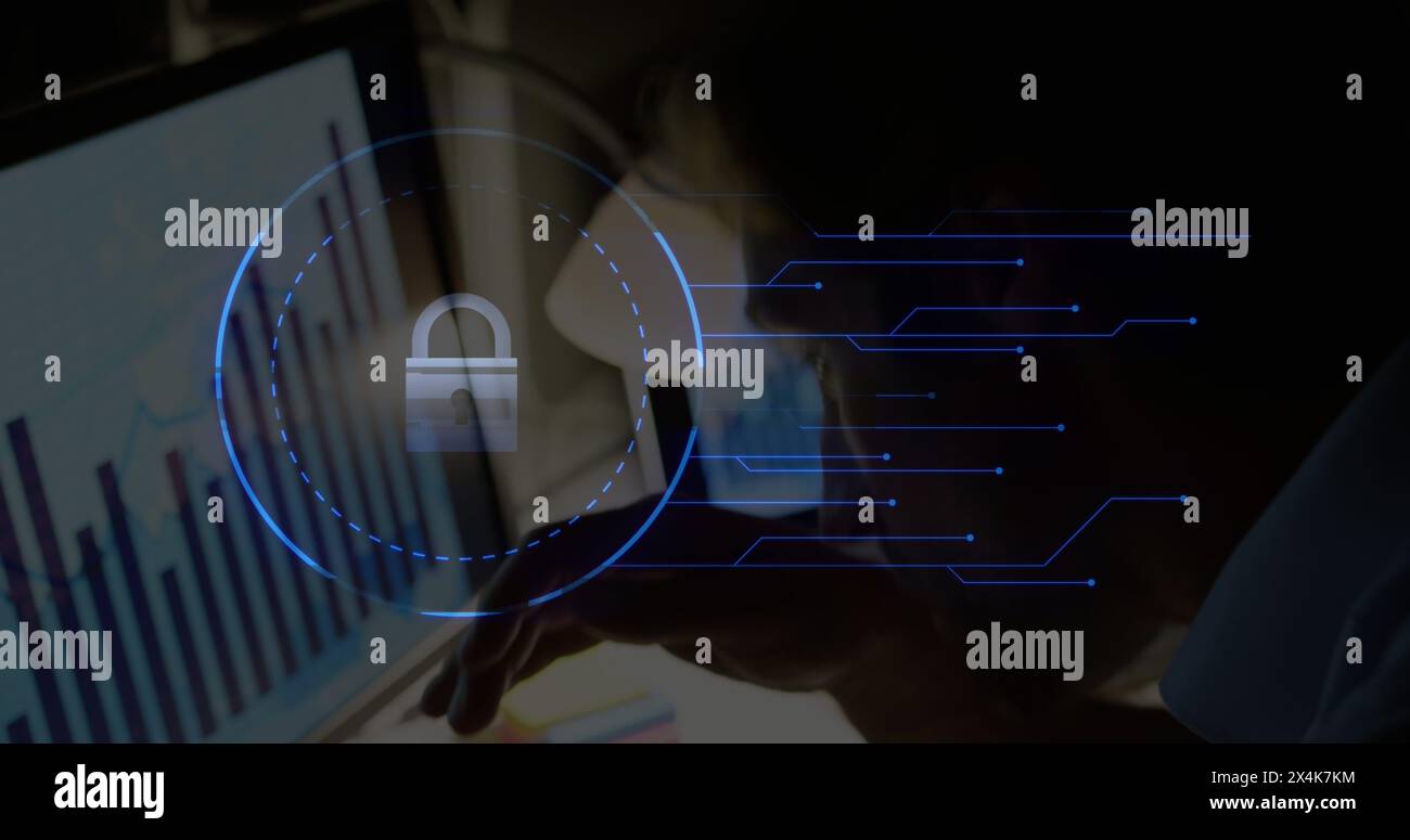 Image of digital interface online security over man working with computer screen showing ...