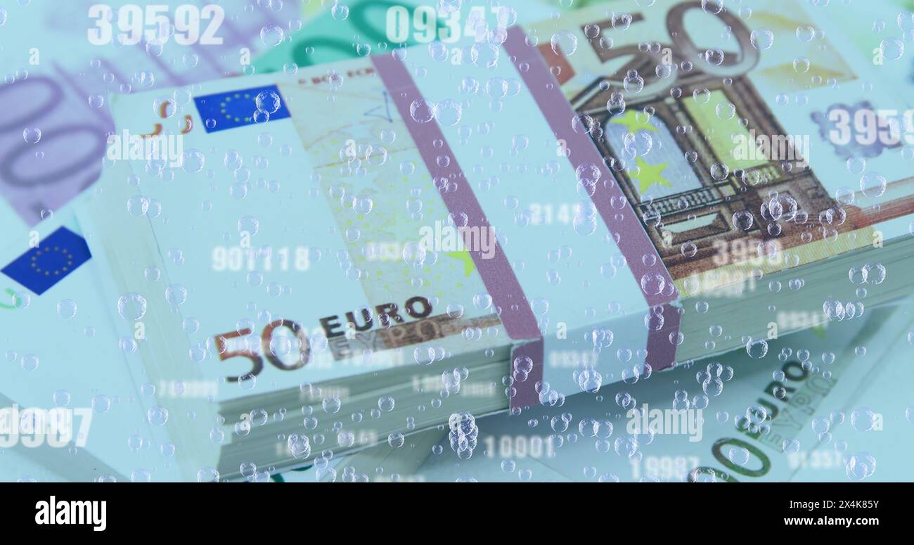 Image of numbers changing and bubbles over stacks of euro currency ...