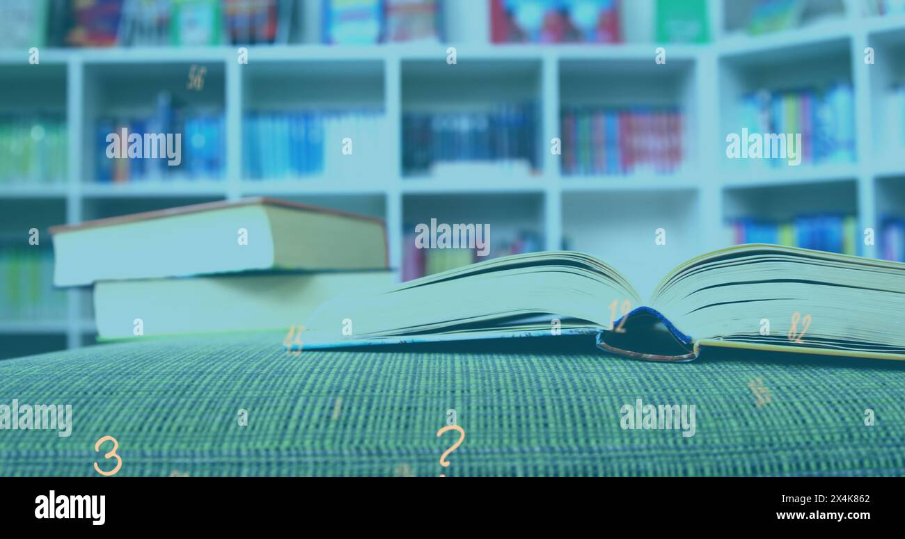 Digital Composition Of Multiple Numbers And Symbols Floating Against Stack Of Books In Library
