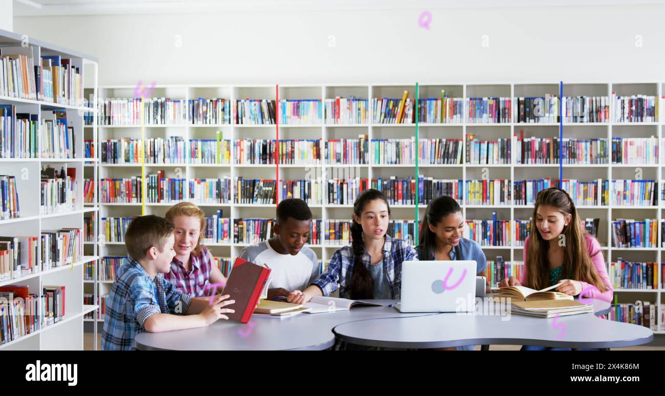 Digital composition of multiple alphabets floating against group of ...