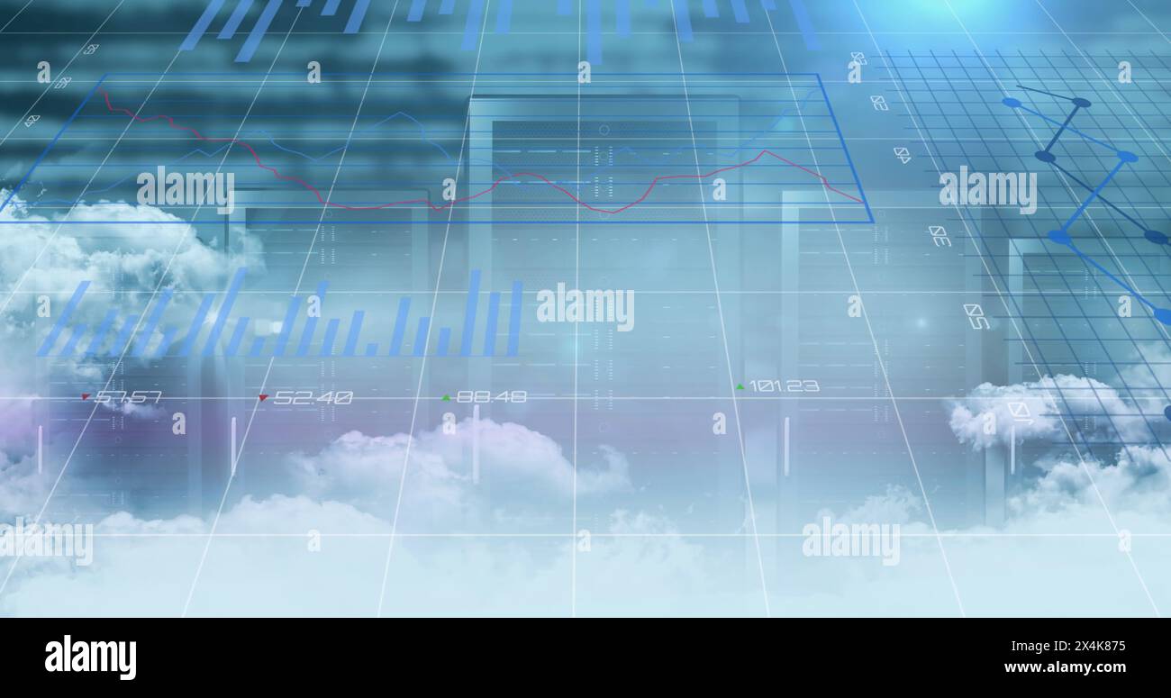 Digital image of statistical data processing over clouds against computer servers Stock Photo ...