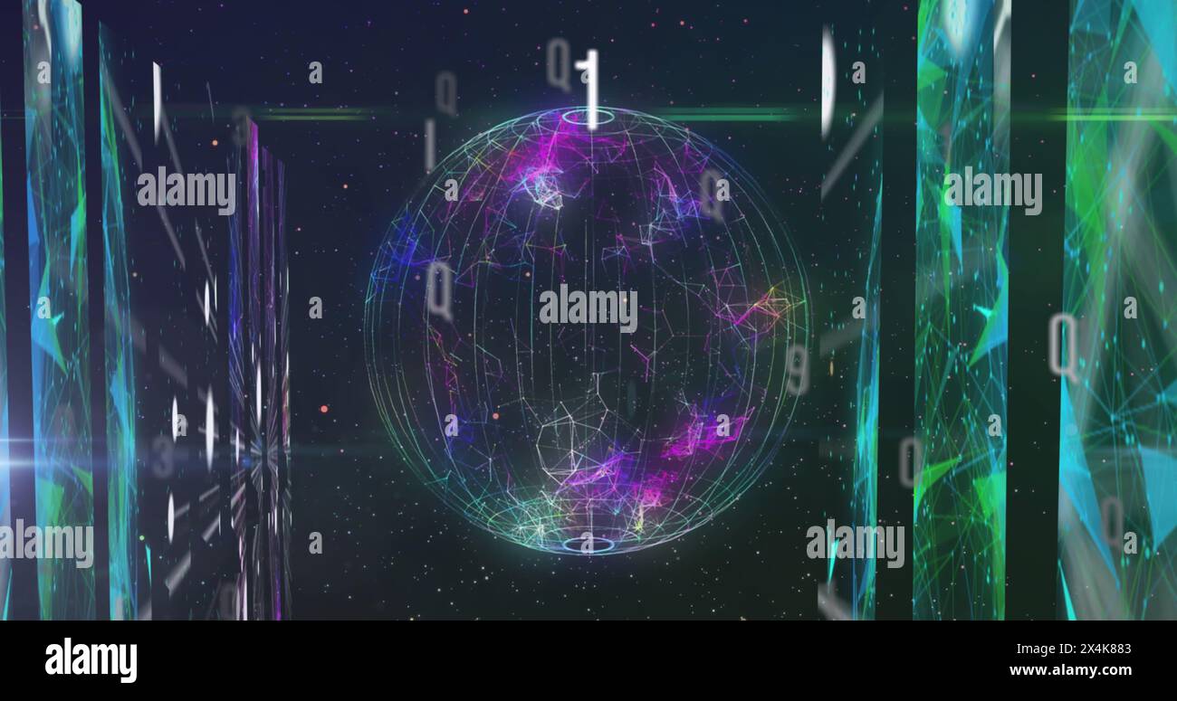 Image of letters and numbers over spinning globe and digital screen ...