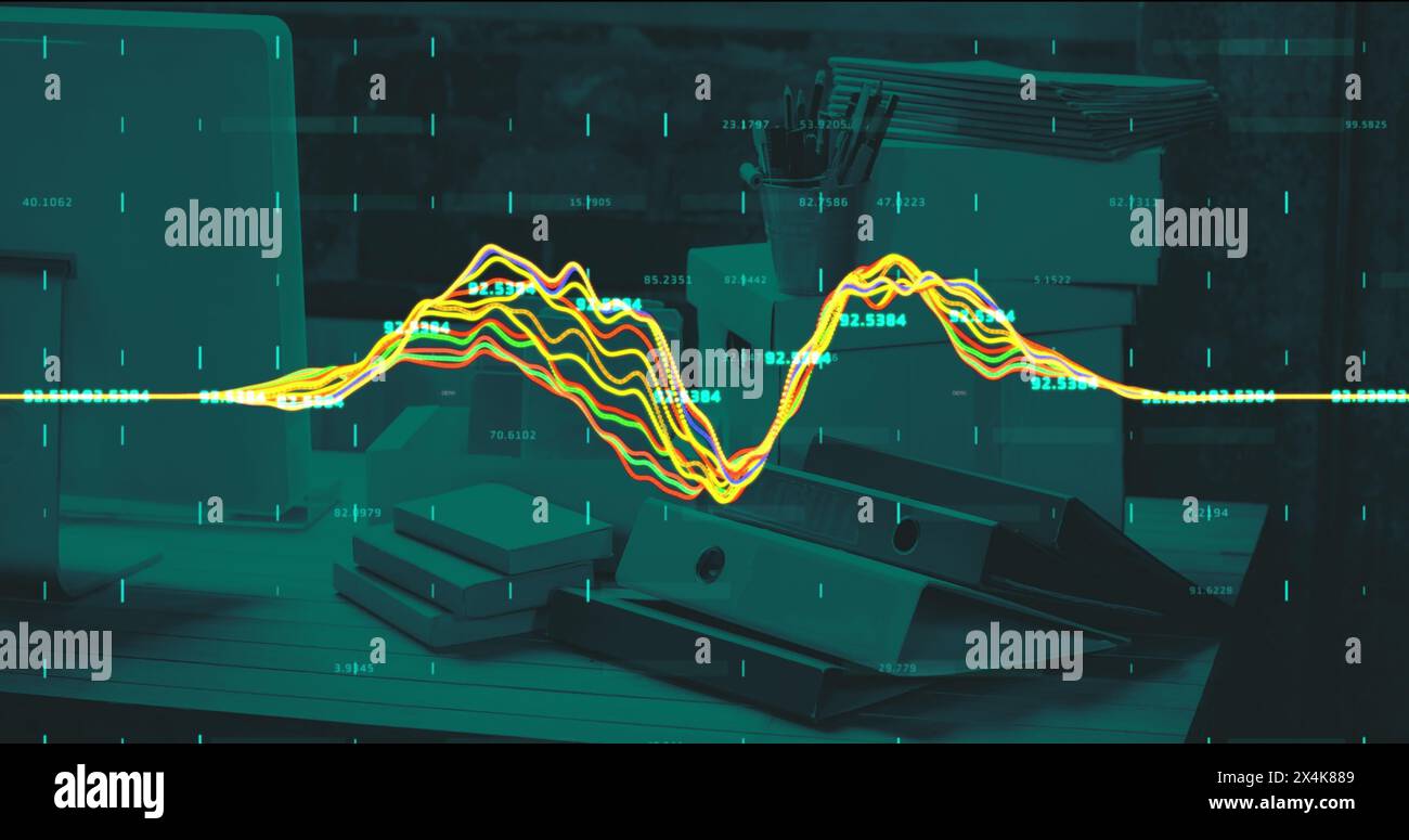 Image of financial data processing with fluctuating lines over office desk Stock Photo - Alamy