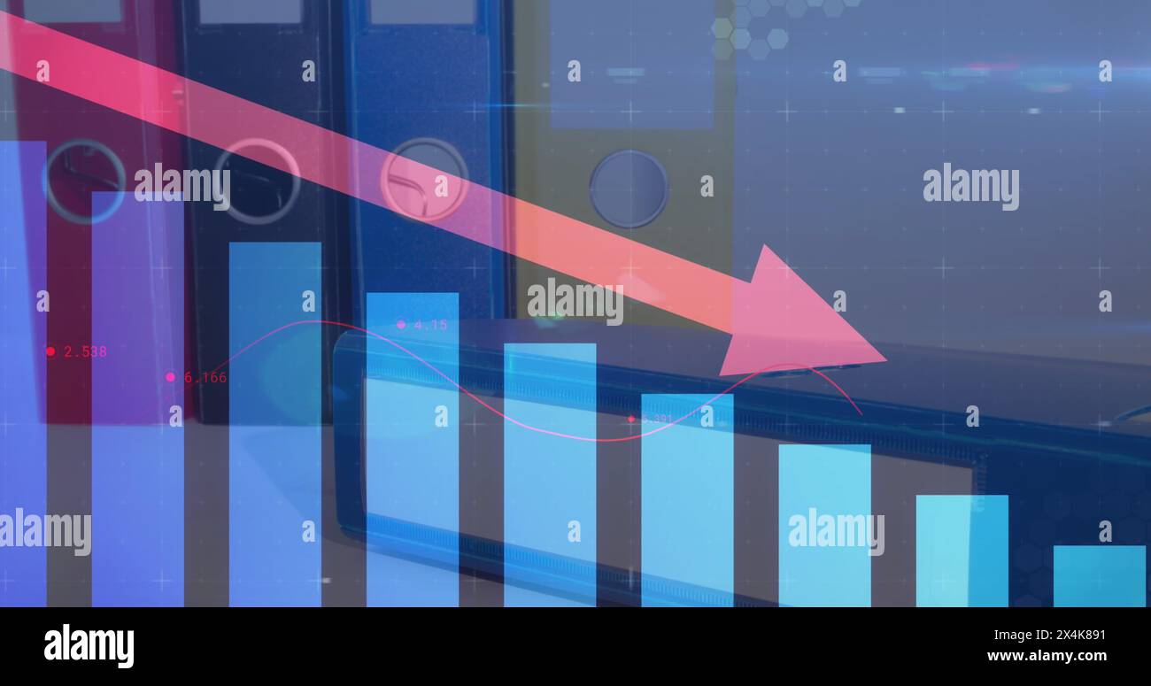 Image of financial data processing with statistics and red arrow descending over office files ...