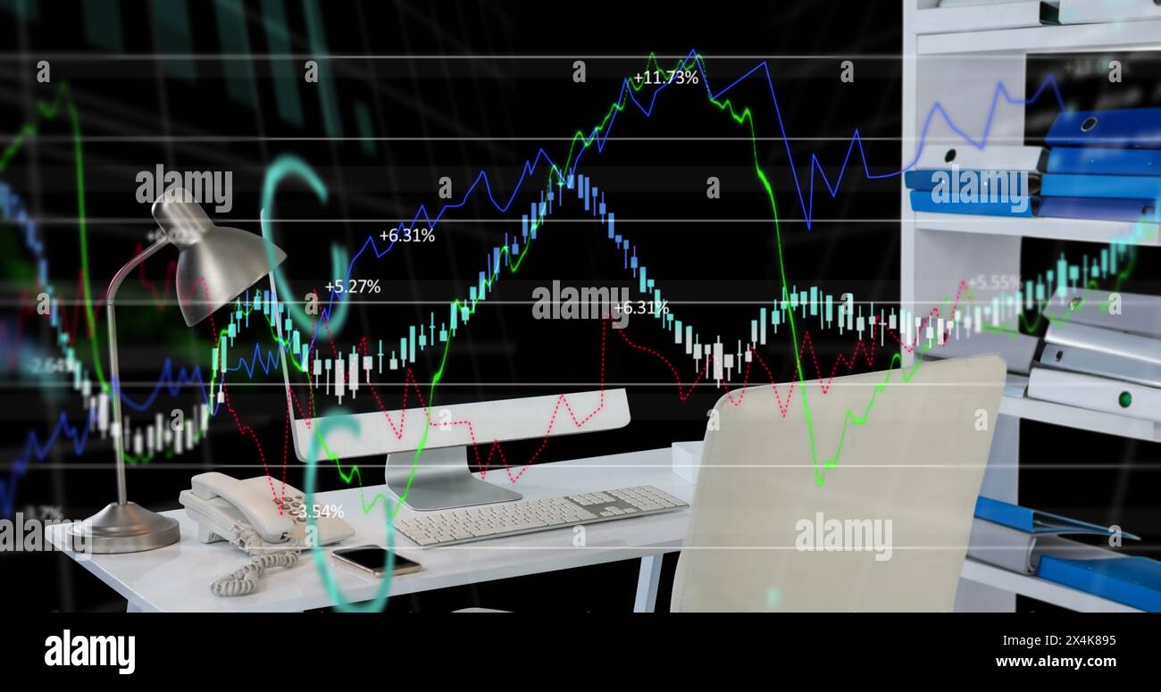 Image of financial data processing with fluctuating lines over office desk Stock Photo - Alamy