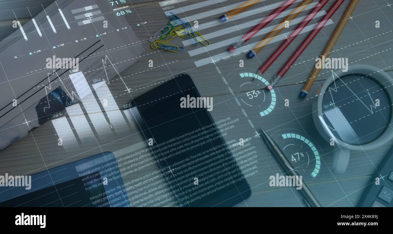 Image of financial data processing over desk with tablet and smartphone ...