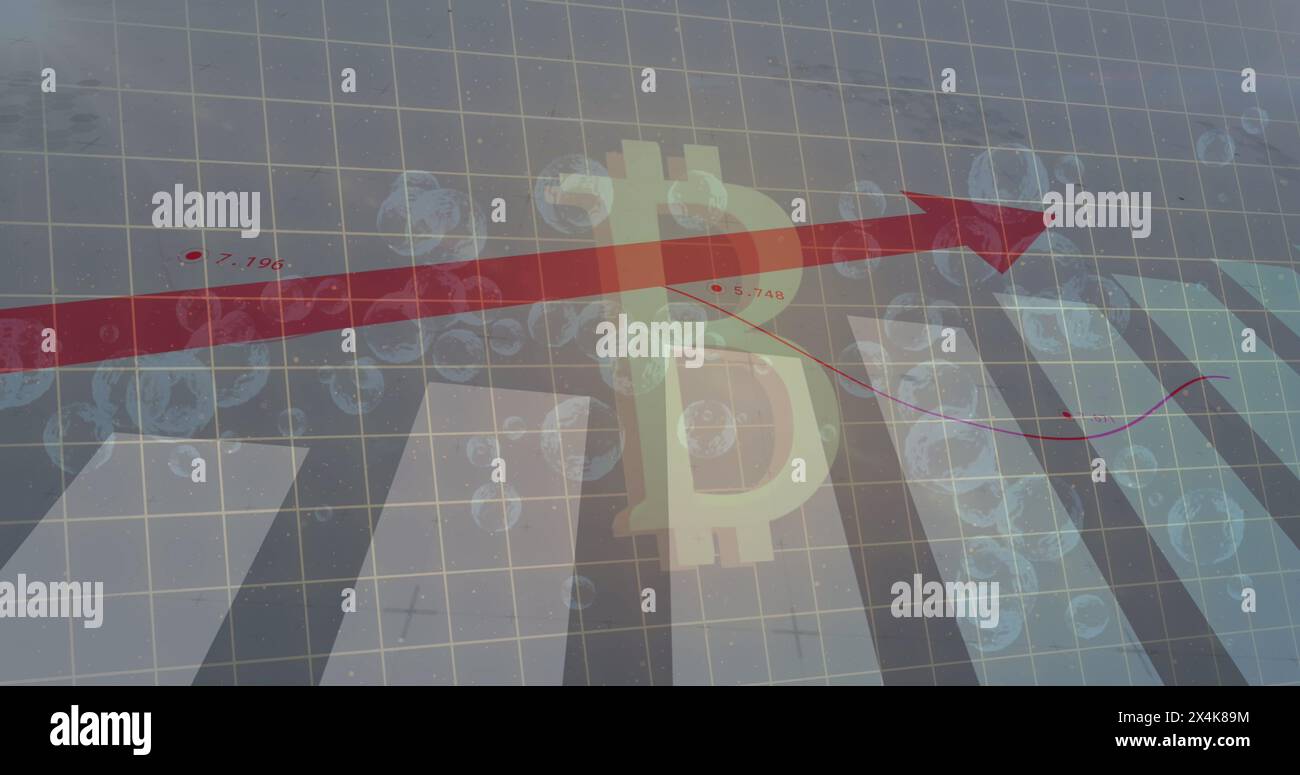 Image of financial data processing with red arrow ascending over ...