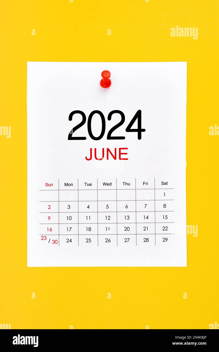 June 2024 calendar page with push pin on yellow color background Stock ...