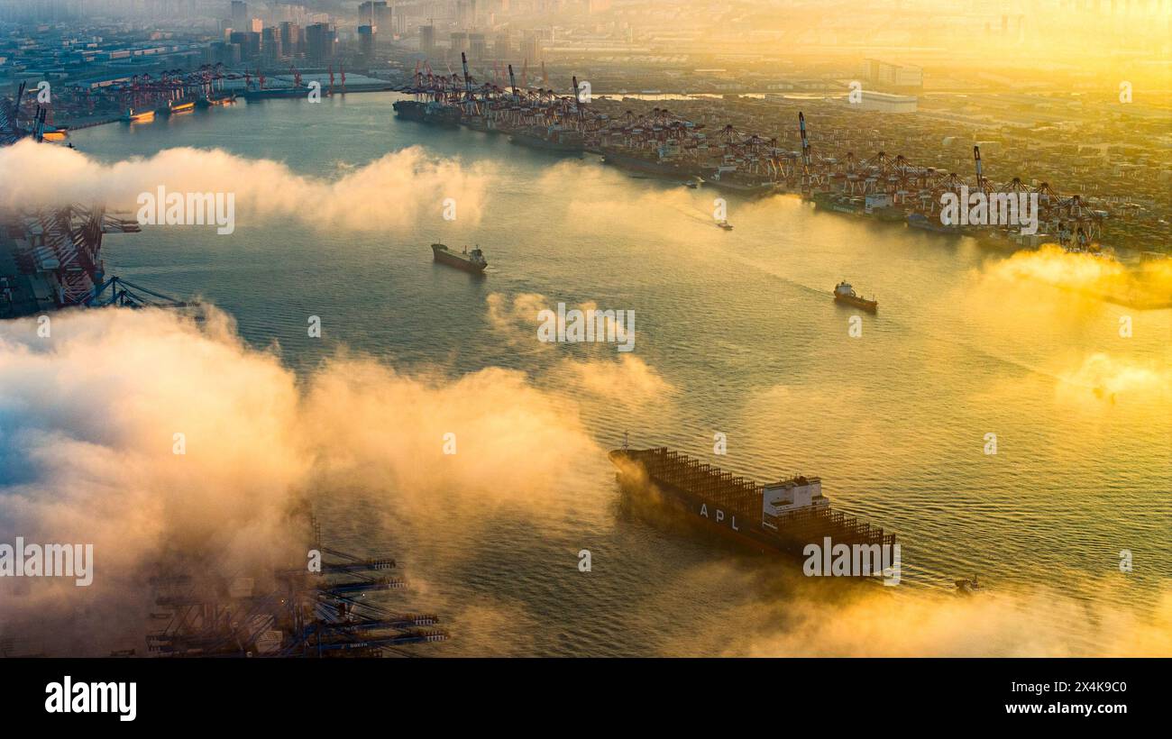 Qingdao China May 3 2024 Large Container Ships Enter And Exit The