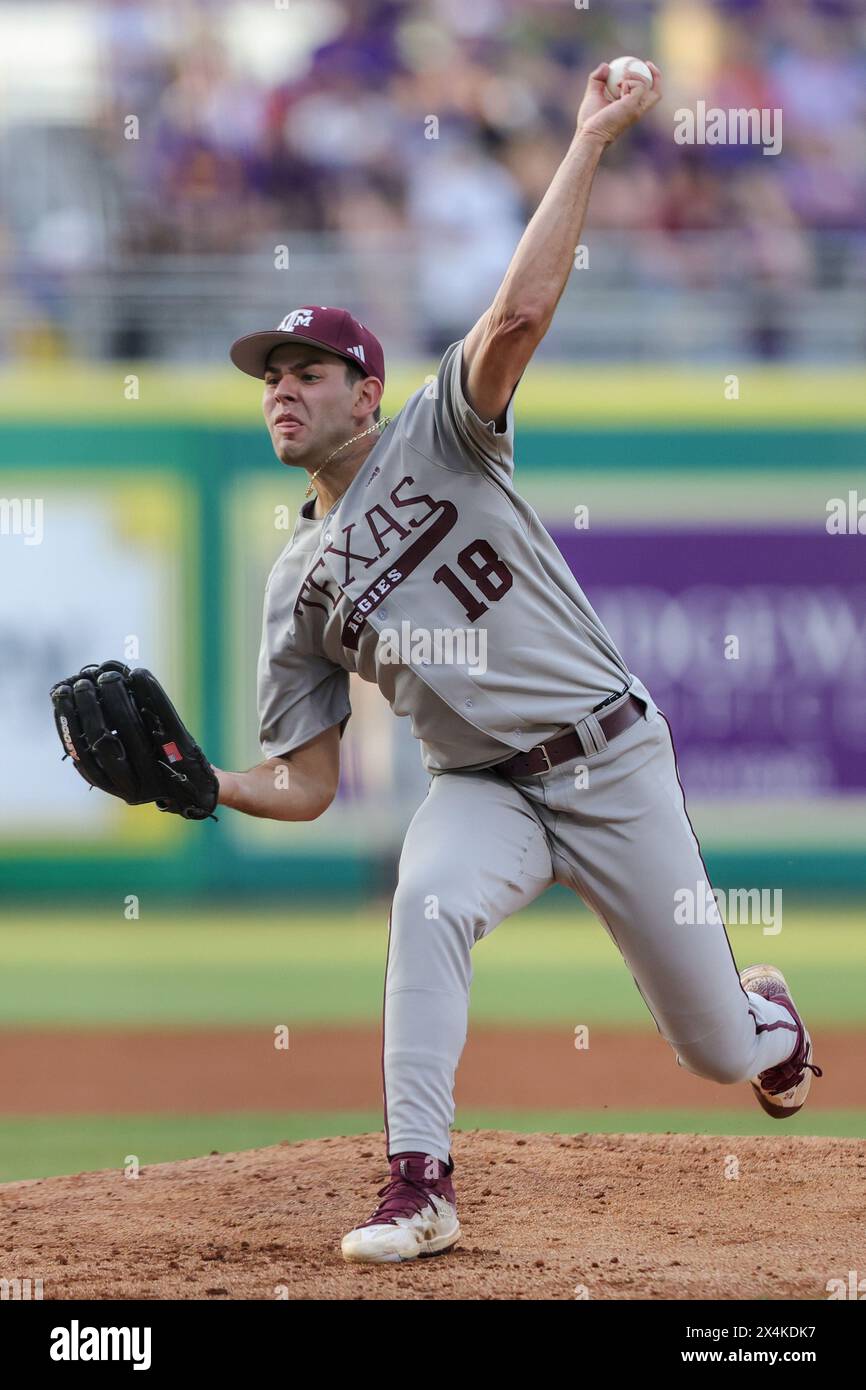 Baton Rouge, LA, USA. 3rd May, 2024. Texas A&M starting pitcher Ryan ...