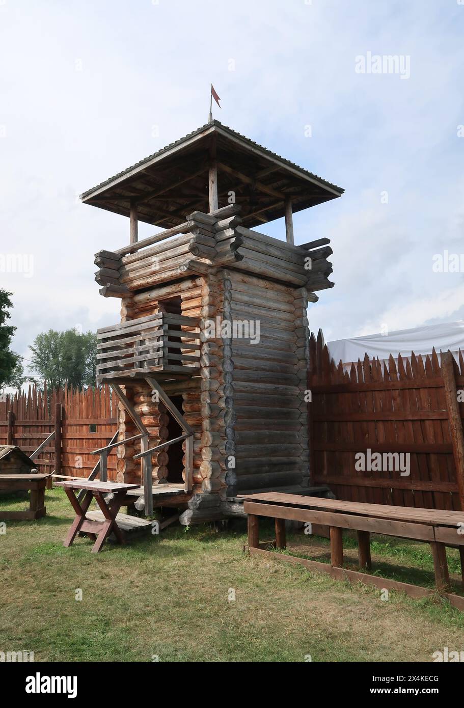 Wooden watchtower and fence, traditional for a Siberian village Stock ...