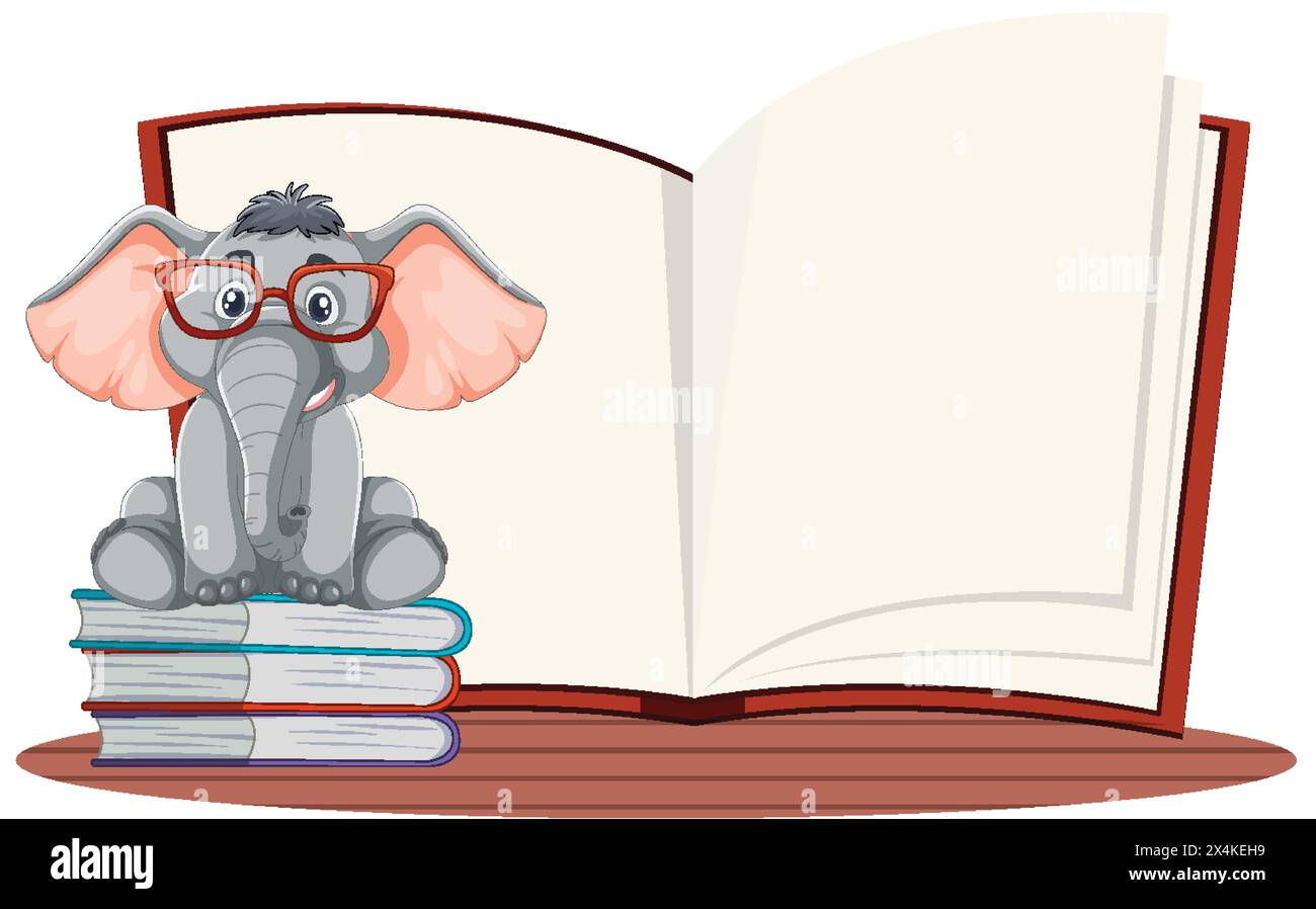 Cartoon elephant with glasses reading a large book Stock Vector Image ...