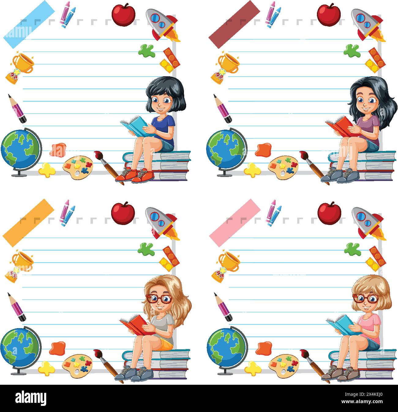 Four kids enjoying reading with educational icons Stock Vector Image ...