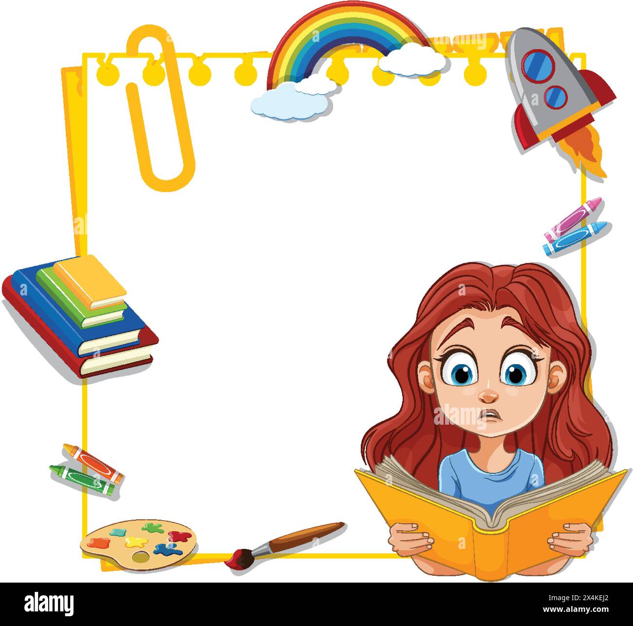 Young girl reading, surrounded by creative symbols Stock Vector Image ...